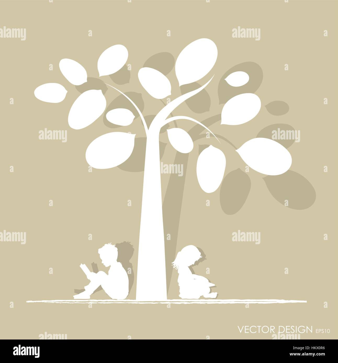 Vector background with children read a book under tree. Vector ...