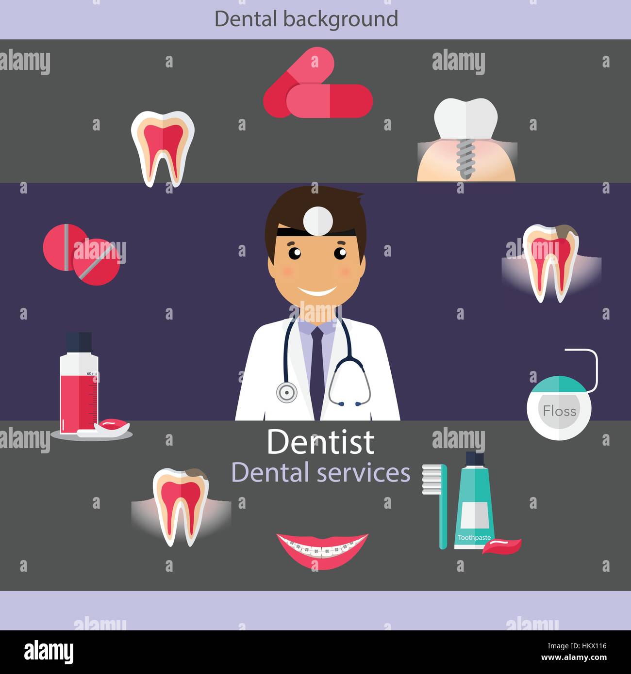 Medical dental background design. Dentist with teeth, drugs, dentist ...
