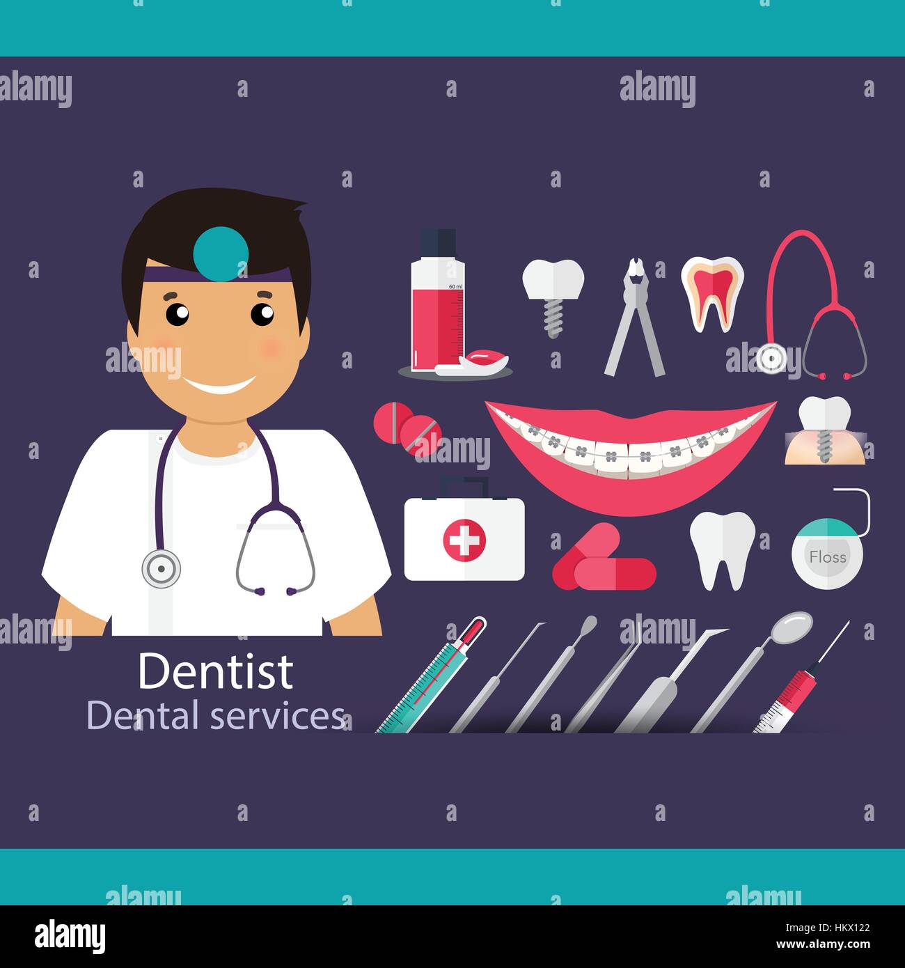 Medical dental background design. Dentist with teeth, drugs, dentist ...