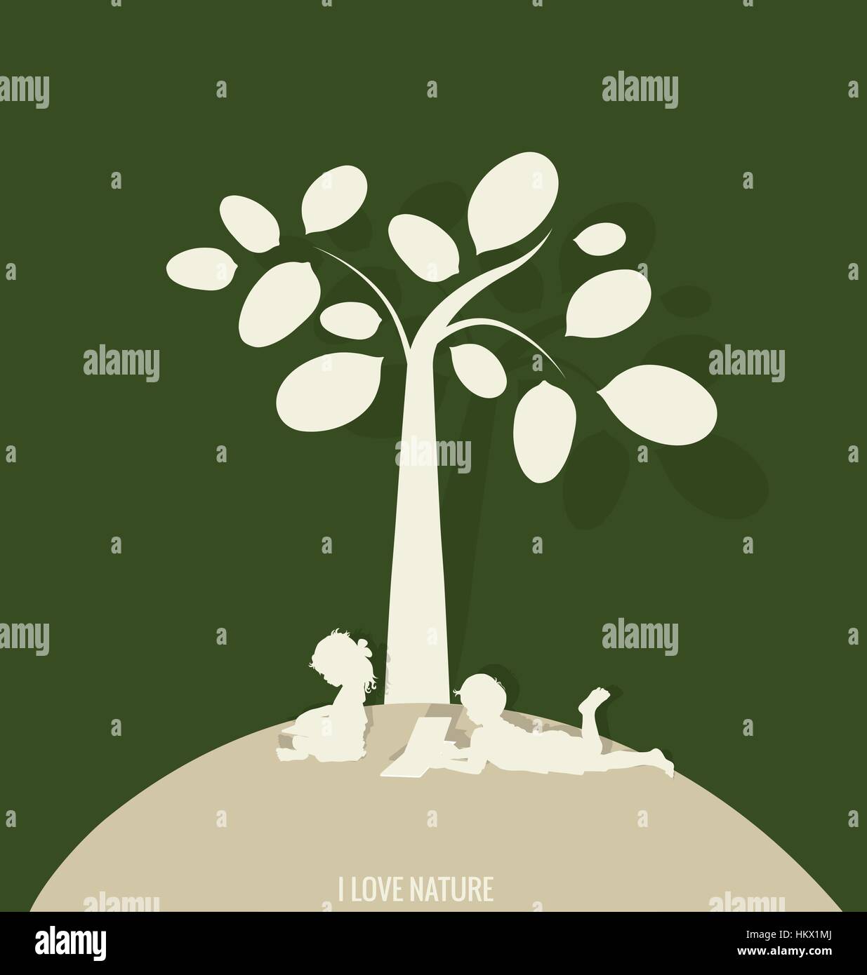 Vector background with children read a book under tree. Vector ...