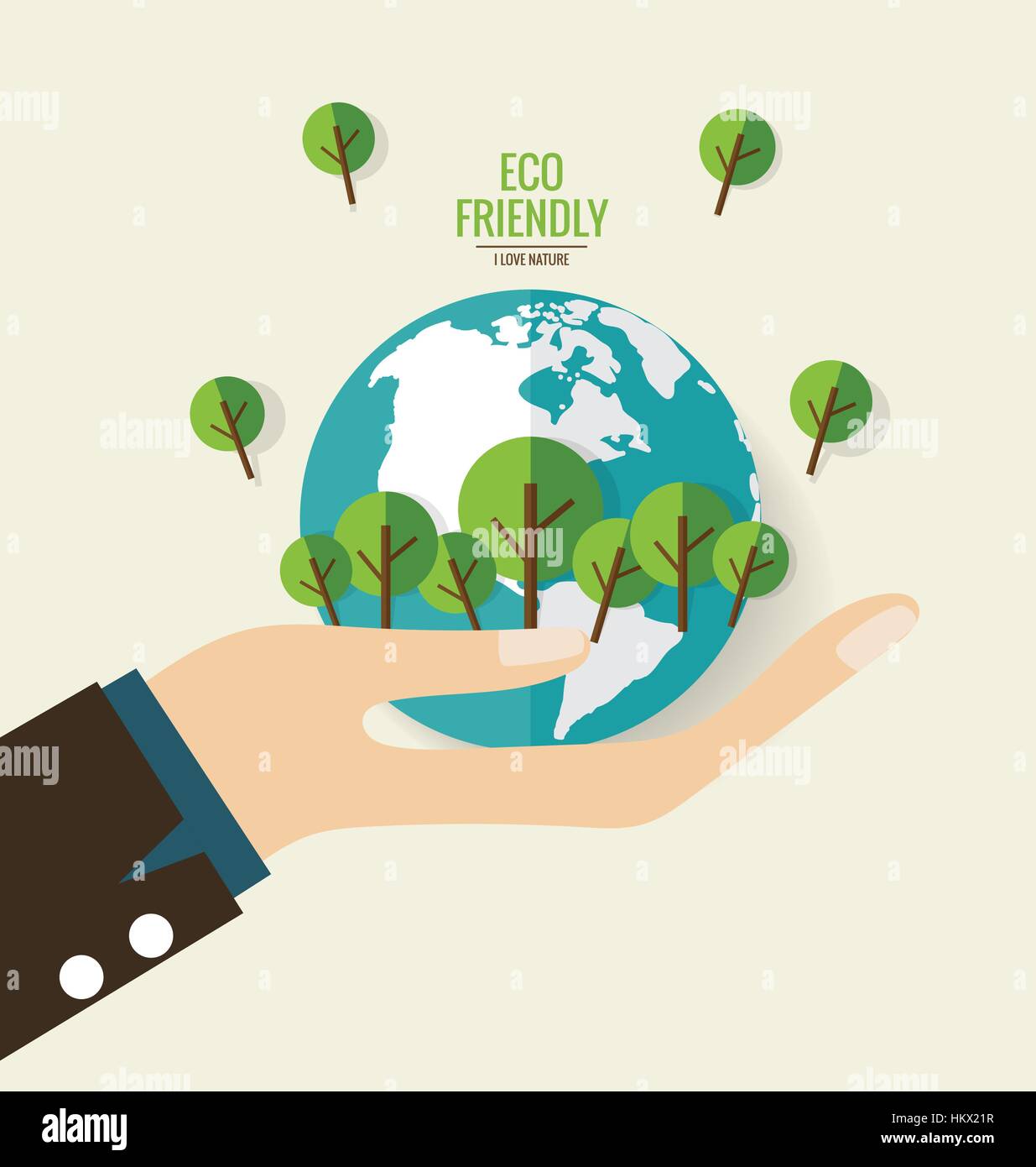 ECO FRIENDLY. Ecology concept with hand and tree background. Vector ...