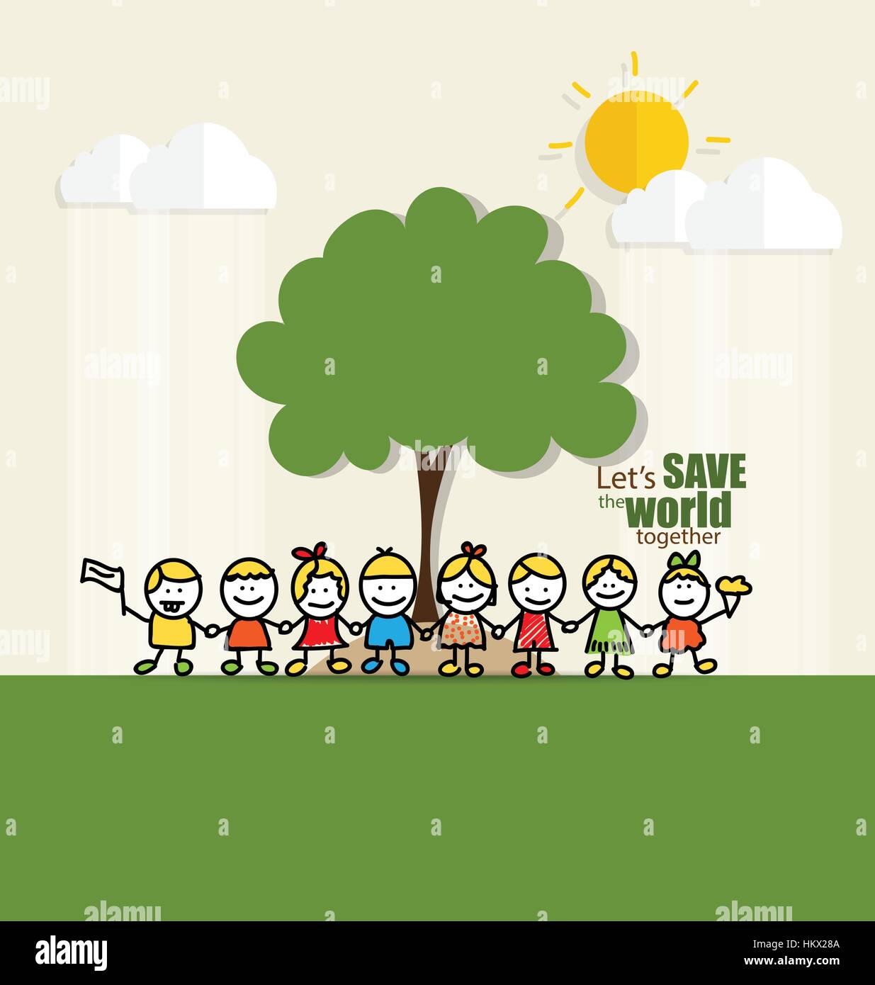 ECO FRIENDLY. Ecology concept with Cute children and tree. Vector ...
