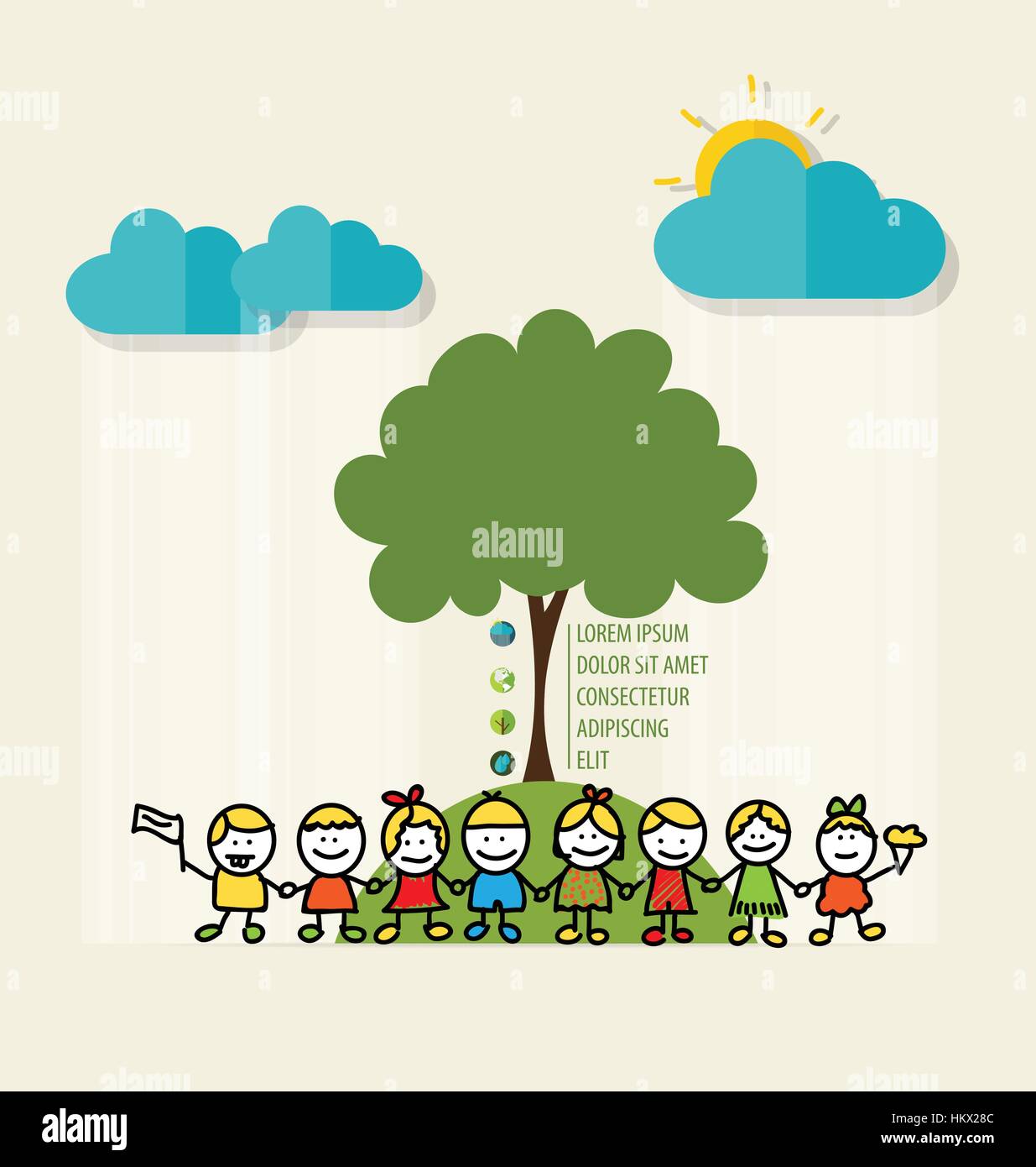 ECO FRIENDLY. Ecology concept with Cute children and tree. Vector ...