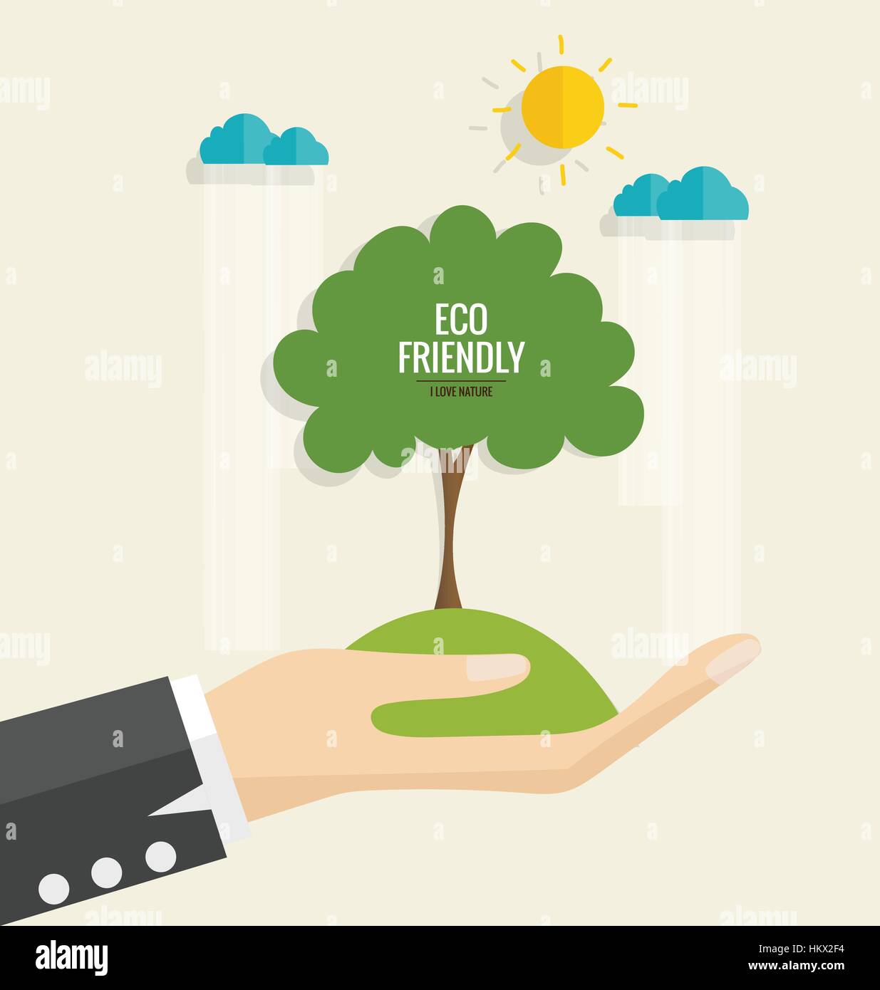 ECO FRIENDLY. Ecology concept with hand and tree background. Vector ...