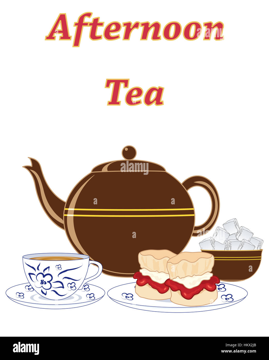 an illustration of English cream tea with teapot and cup on a white ...