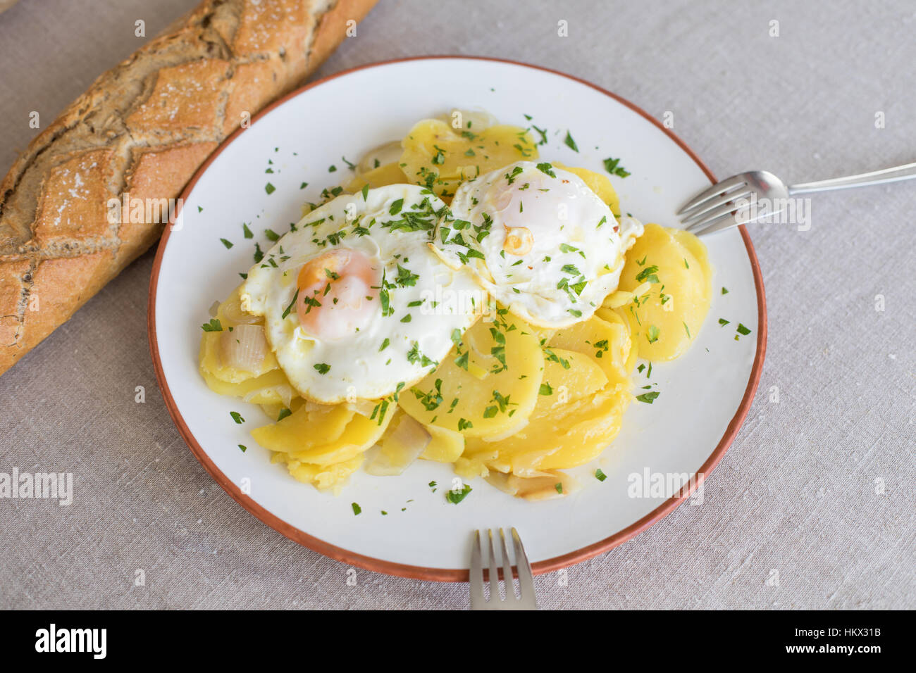 aerial view of white circular dish with typical Spanish food, sliced ...