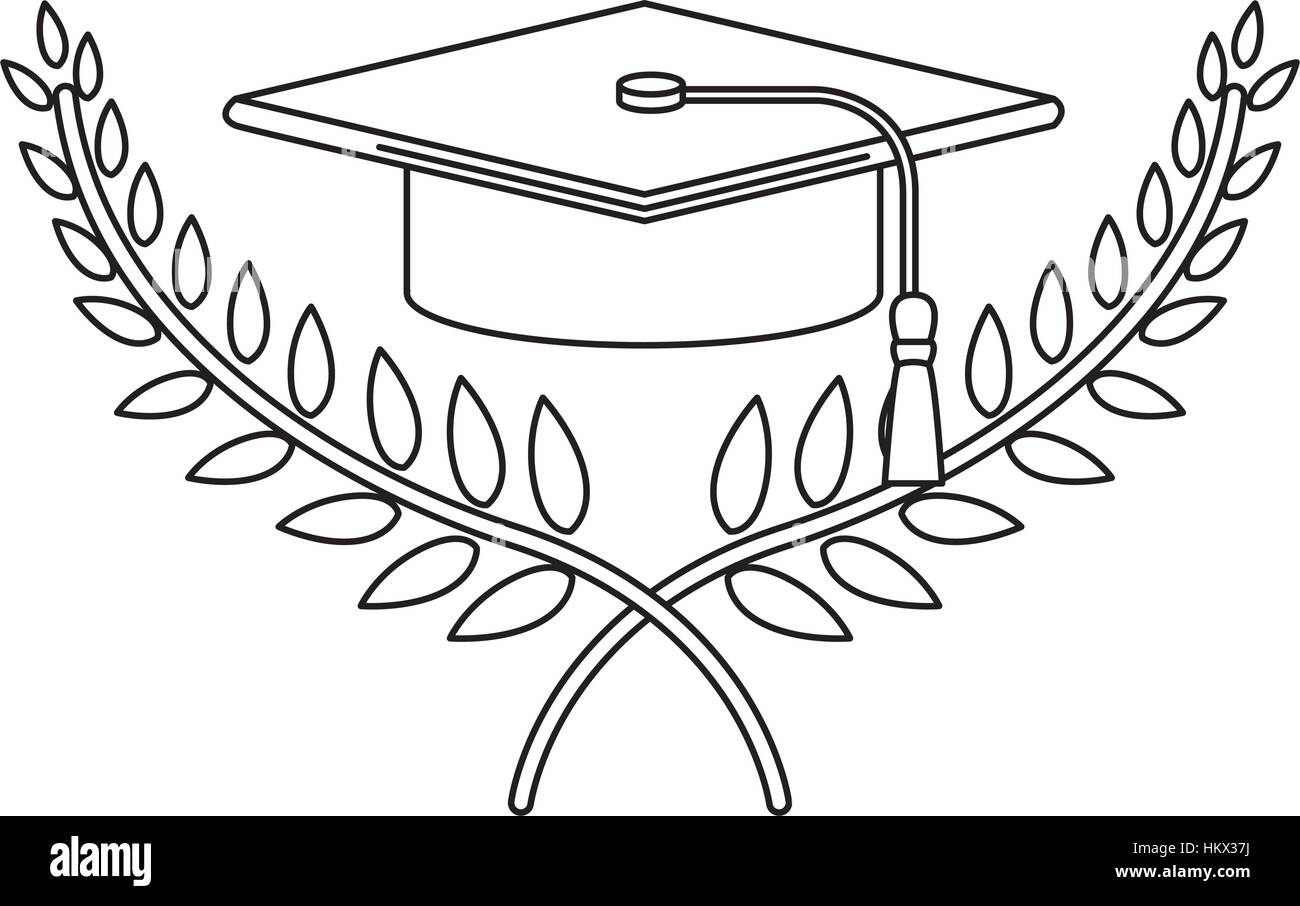 monochrome contour with crossed branchs with leaves and graduation cap ...