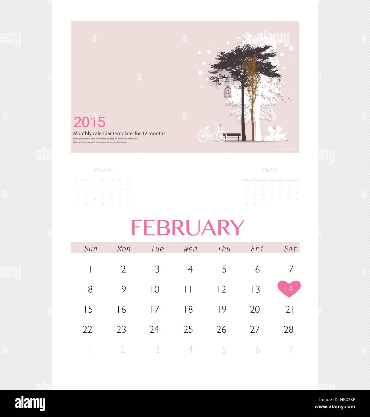 Valentines day. 2015 Calendar February. Vector illustration Stock ...