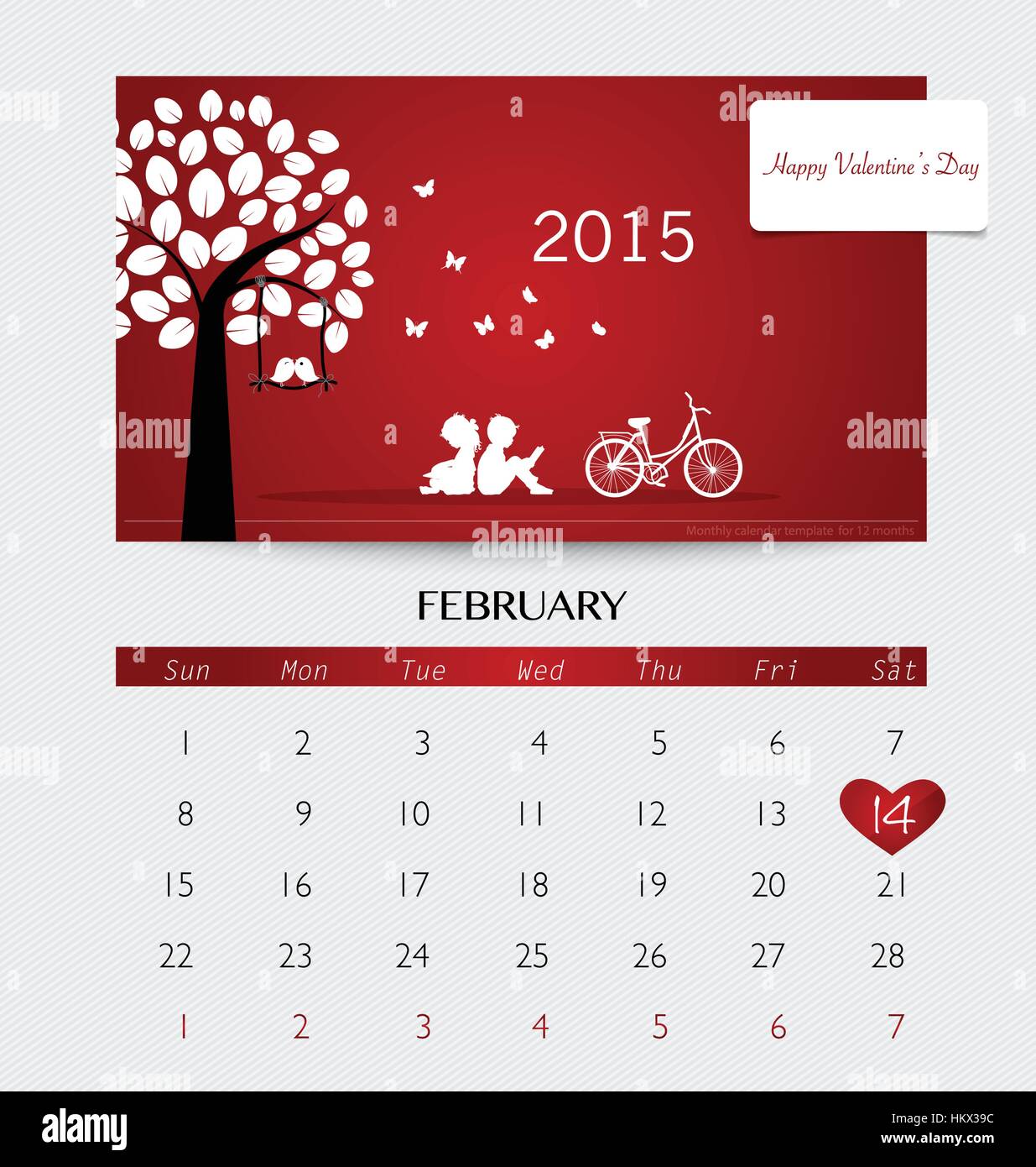 Valentines day. 2015 Calendar February. Vector illustration Stock ...