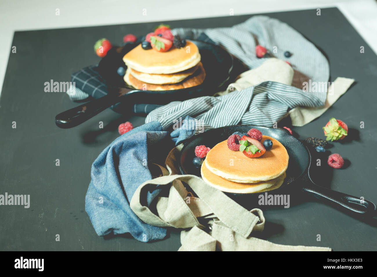 pancake with fresh fruit and berry stack on pan for breakfast bakery ...