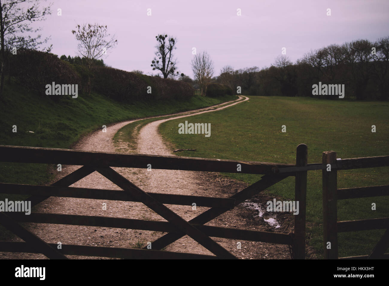 Wooden gate across a path in the countryside. Chilterns, England ...