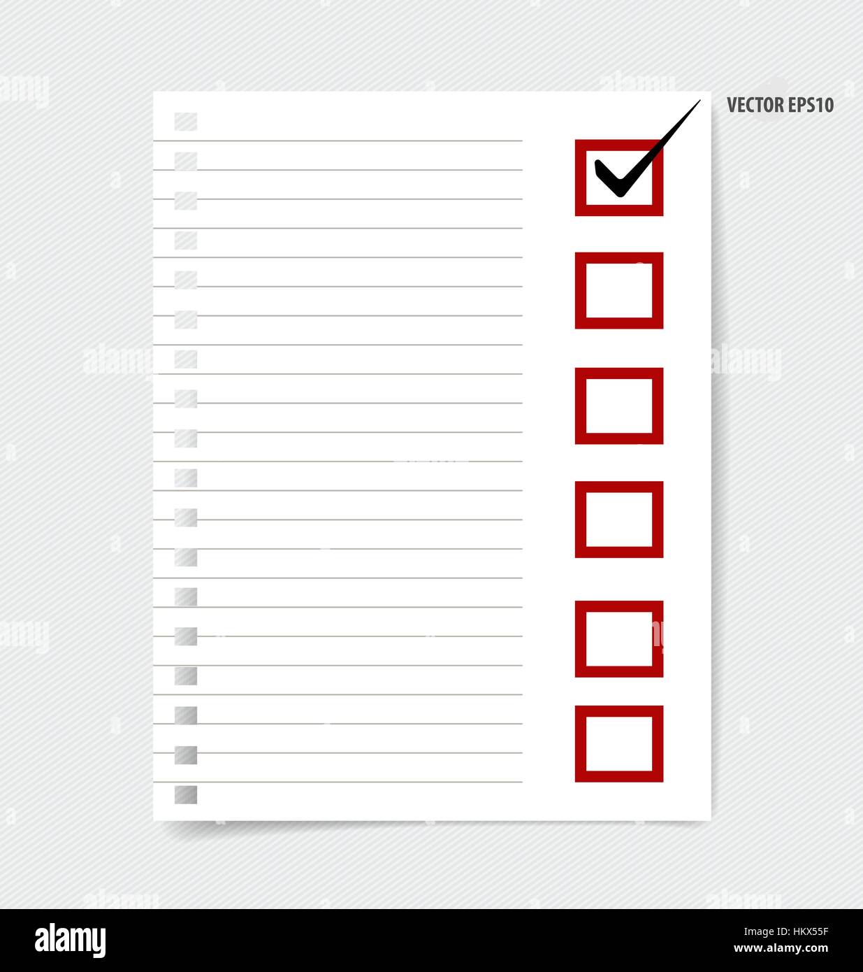 A checklist with black marker and red checked boxes on note paper ...