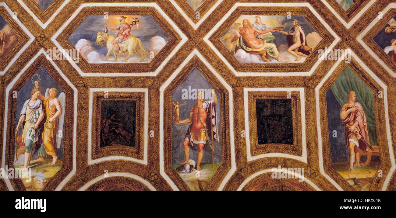 A detailed view of the ceiling decoration by Giulio Romano, showcasing ...