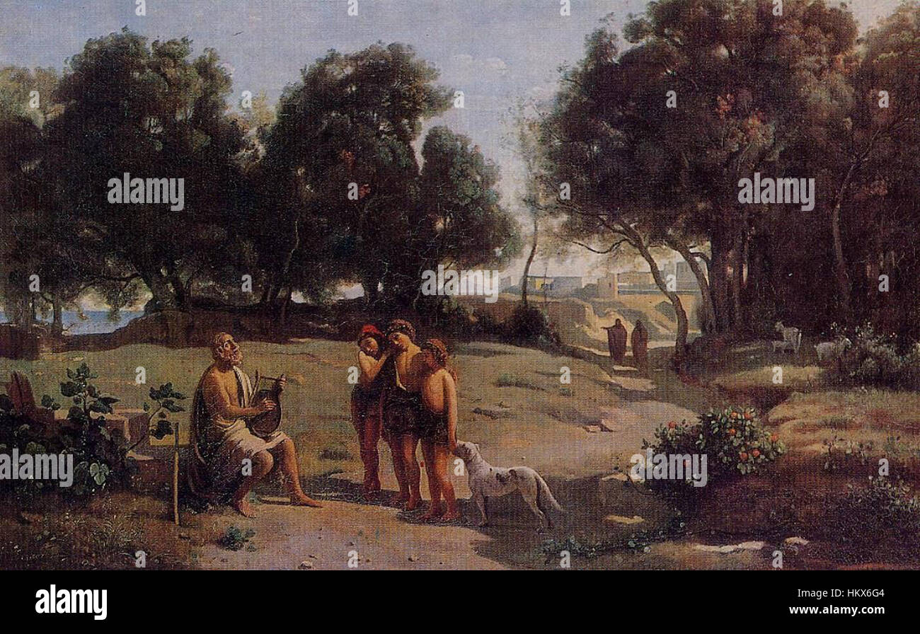 This painting illustrates a scene with Homer and shepherds, reflecting ...