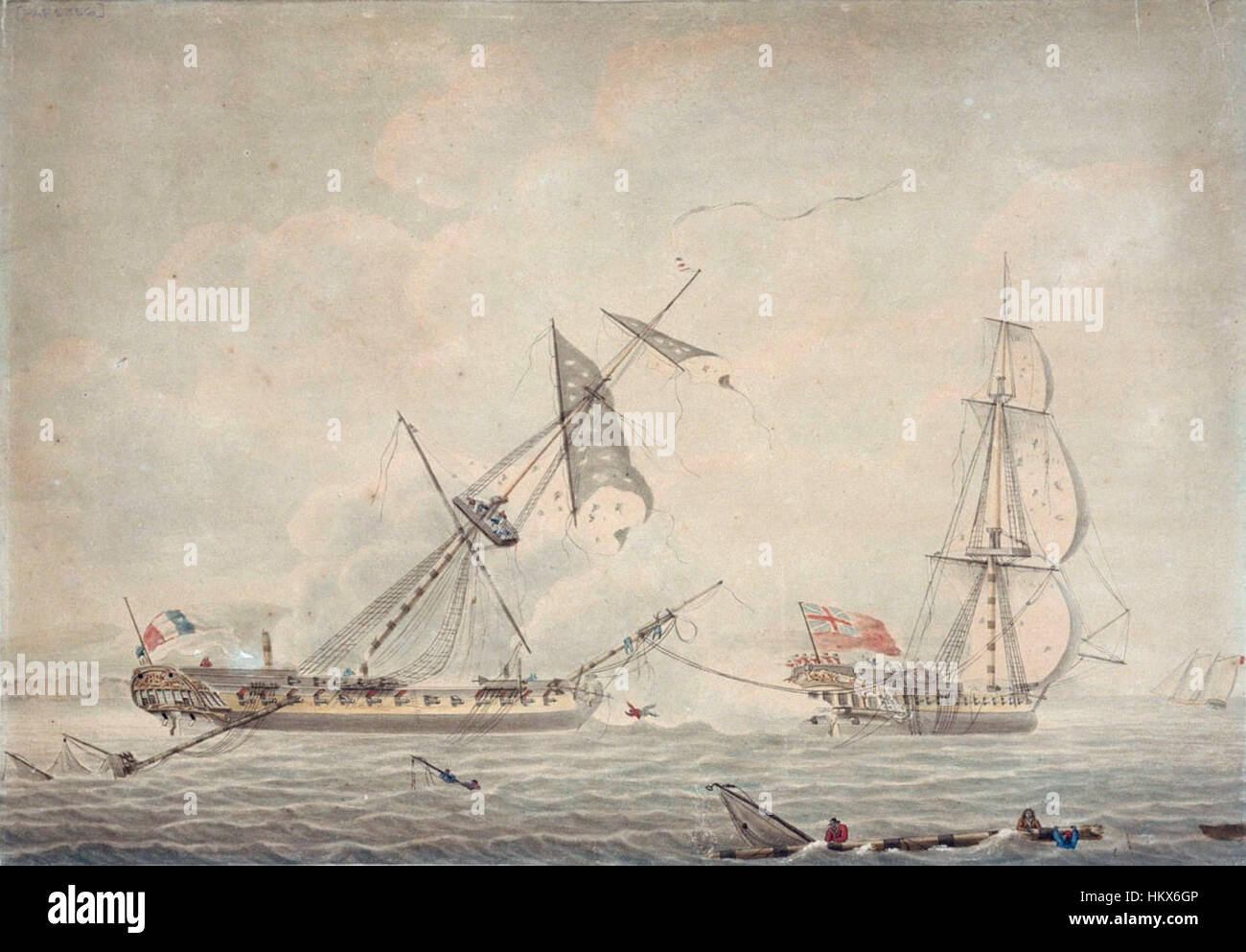 This artwork depicts the British Royal Navy ships HMS Blanche and Pique ...