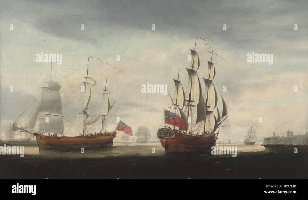 An attributed painting by Robert Dodd, showcasing a three-masted ...