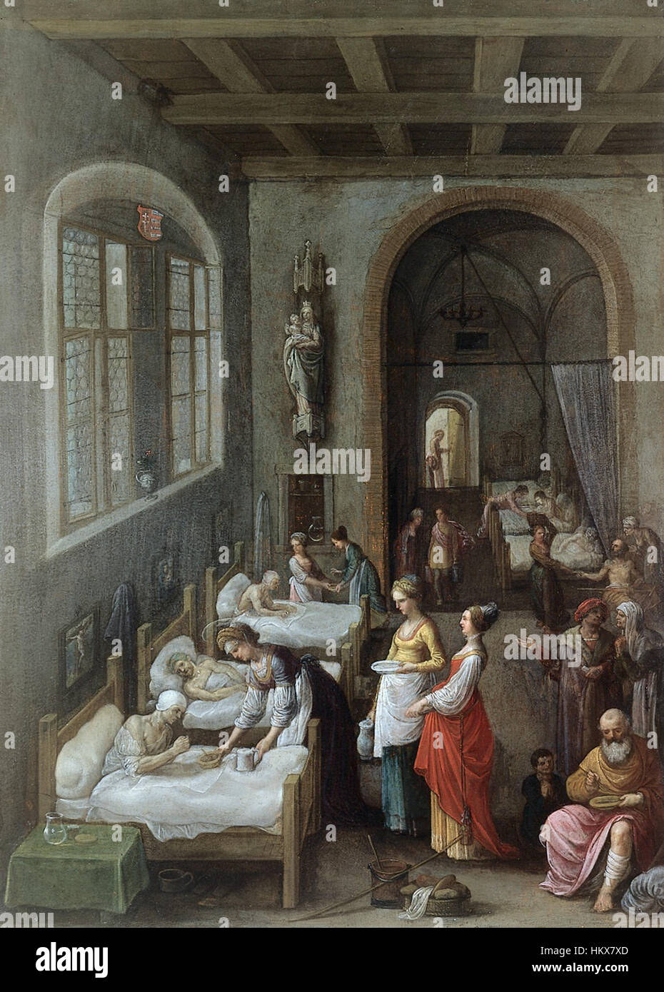 This artwork depicts St. Elizabeth visiting the sick in a hospital ...