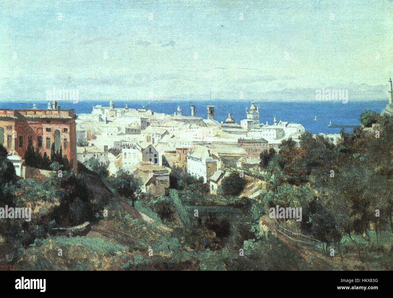 A painting by Camille Corot depicting a serene view of Genoa, Italy ...
