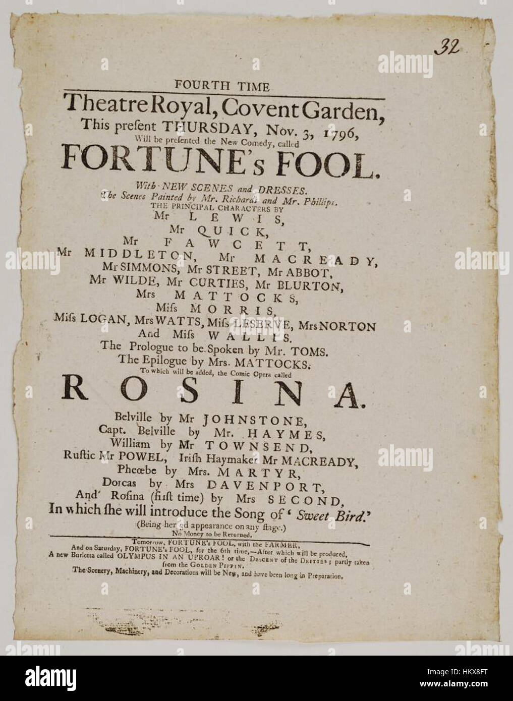 This playbill from Covent Garden, dated November 3, 1796, announces a ...