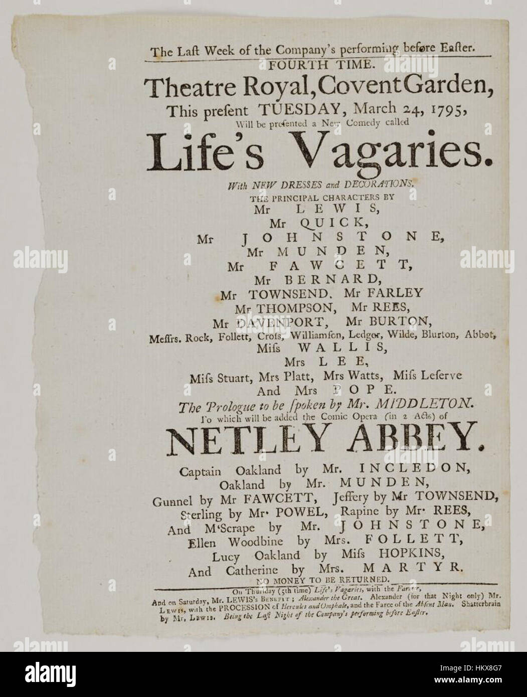The Playbill from Covent Garden, dated March 24, 1795, announces the ...
