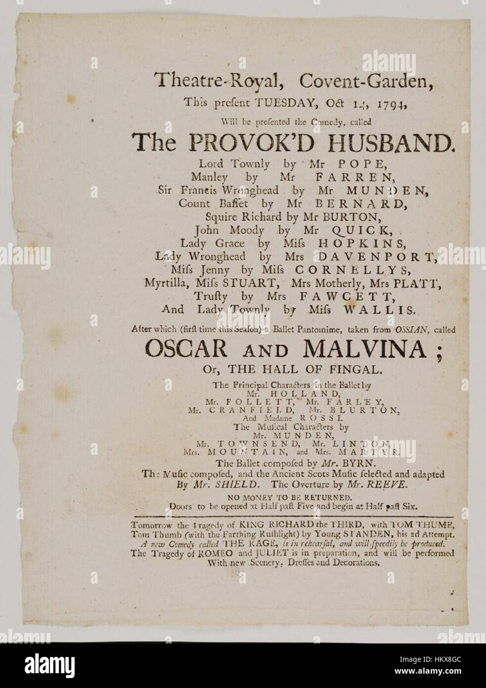 This playbill from Covent Garden, dated October 14, 1794, announces the ...