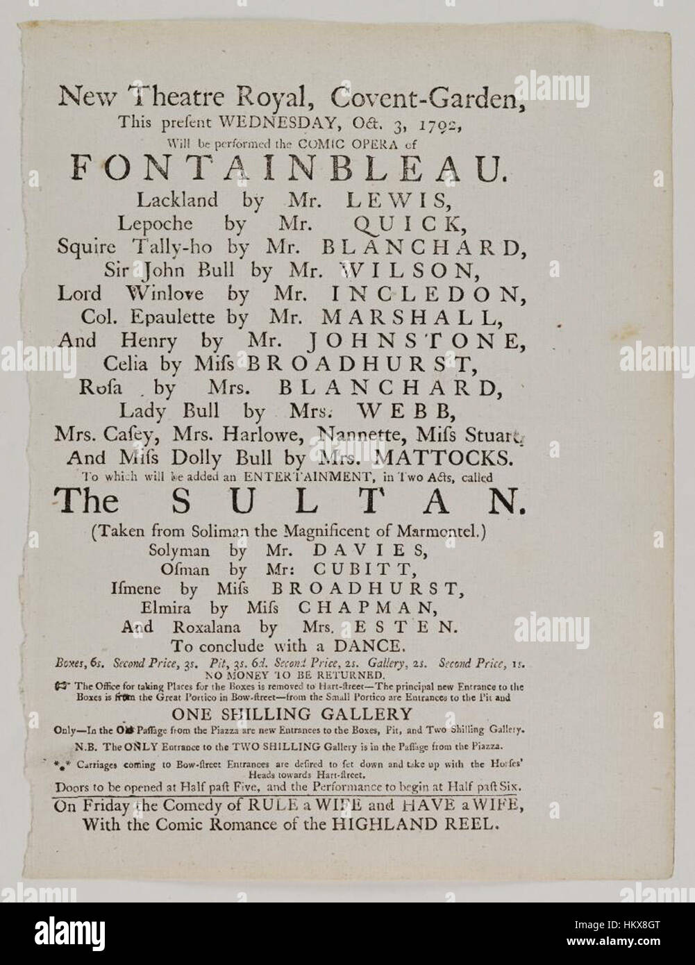 A 1792 playbill from Covent Garden, London, announcing performances at ...