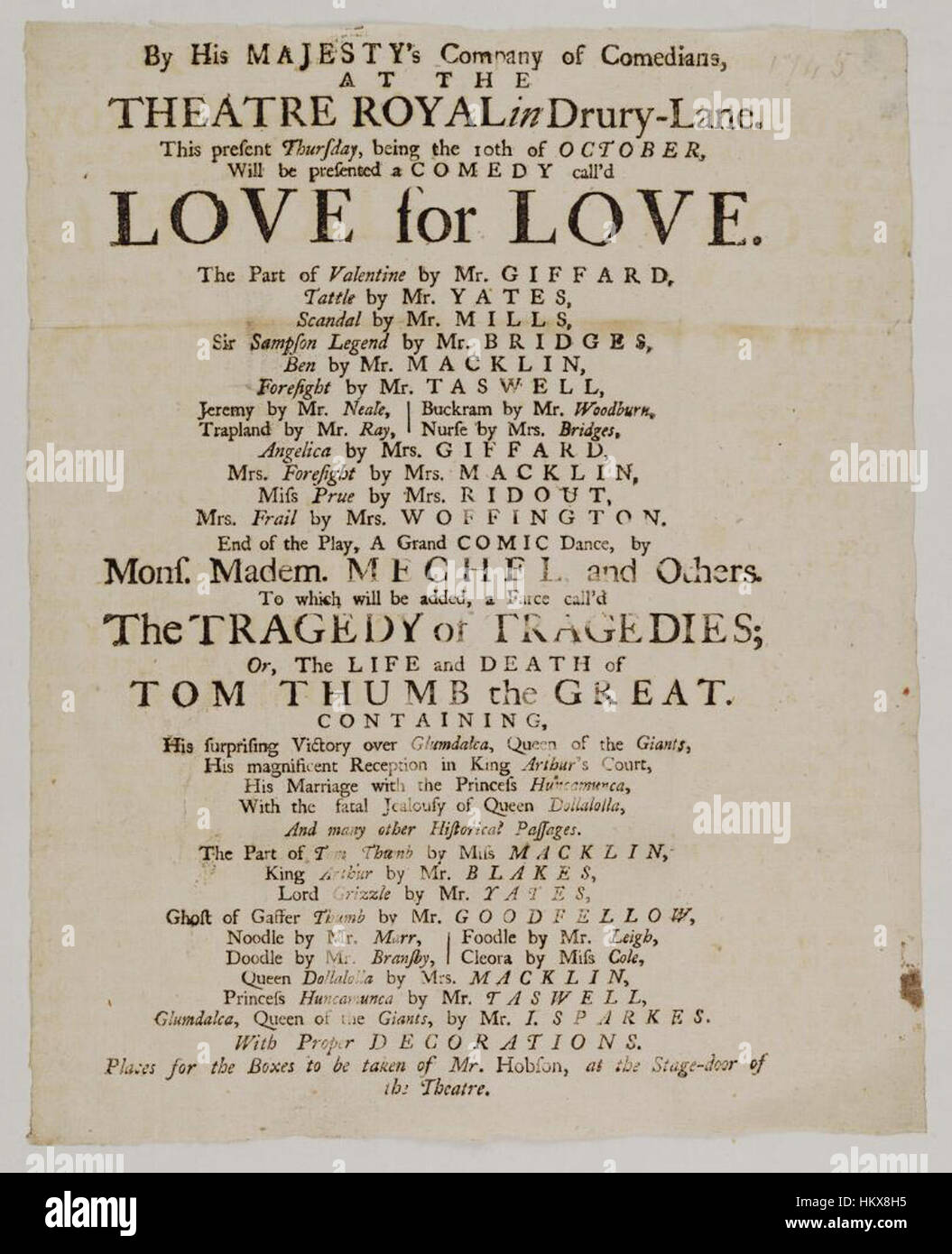 This 1745 playbill from Drury Lane Theatre announces the performance of ...