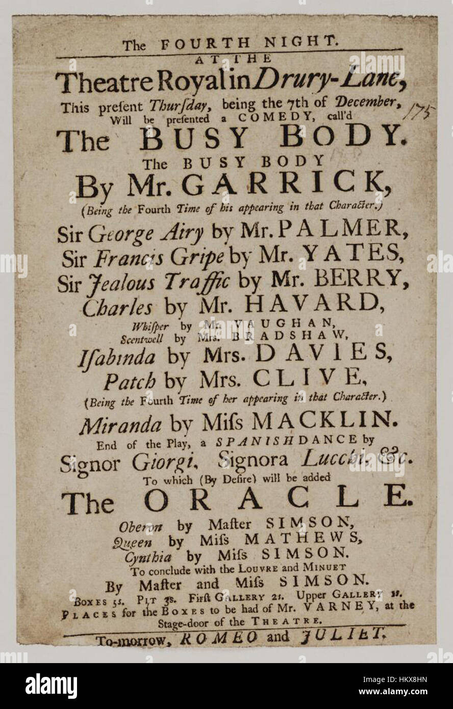A playbill from the Drury Lane Theatre, dated December 7th, 1758 ...