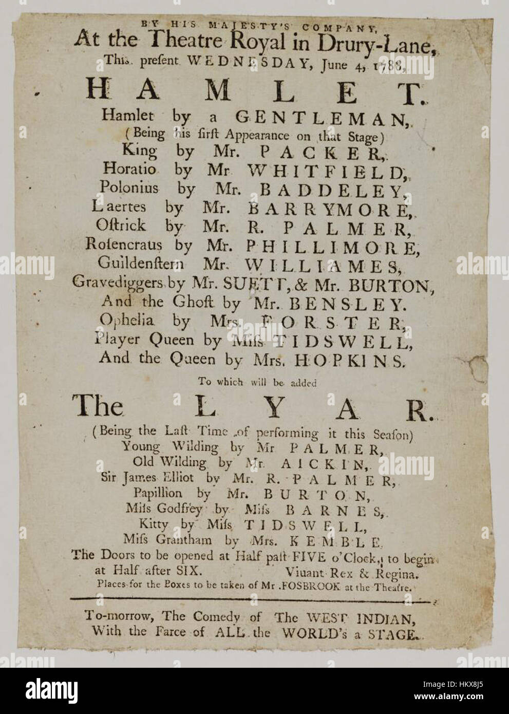 A historical playbill from Drury Lane Theatre, dated June 4, 1788, announcing a performance of ...