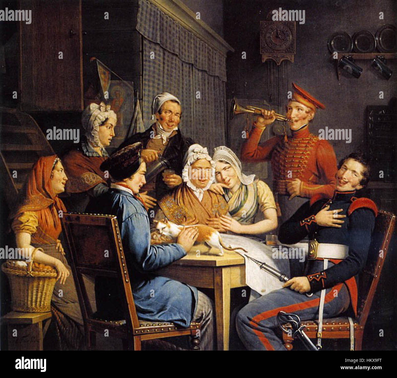 An oil painting depicting a lively indoor gathering, featuring a joyful ...