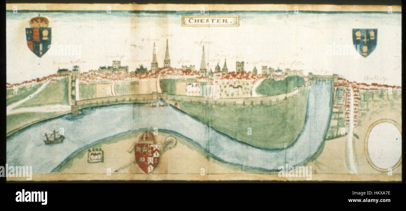 This historical painting shows a view of Chester, England, from a ...