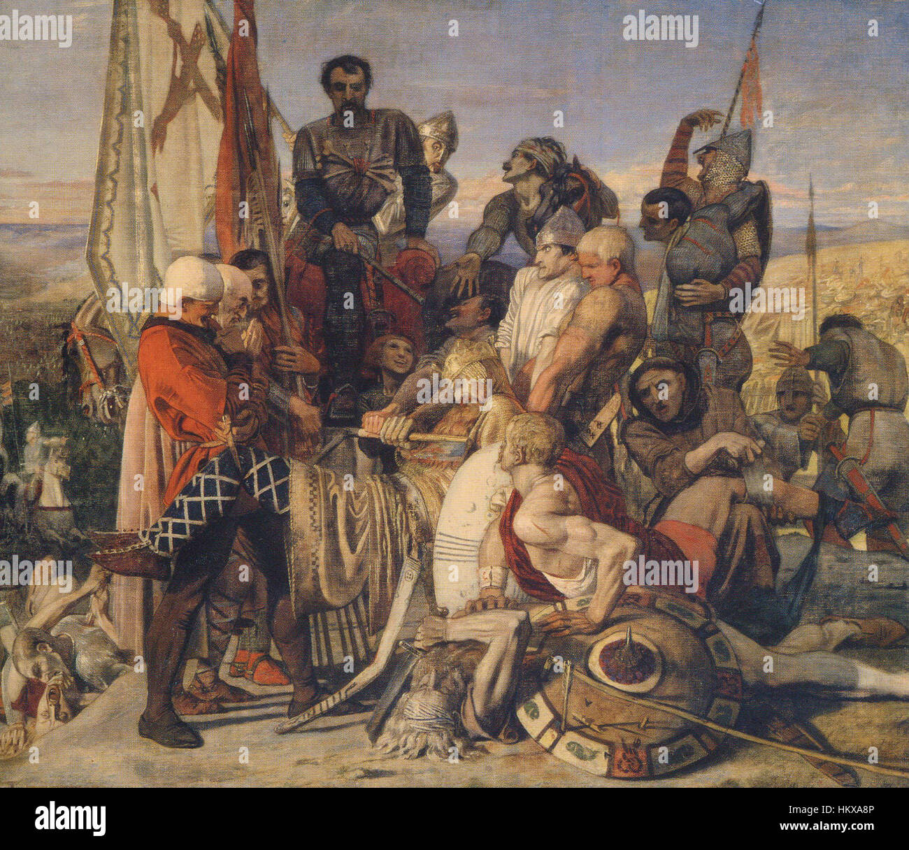 This historical artwork depicts the body of Harold, likely referencing ...