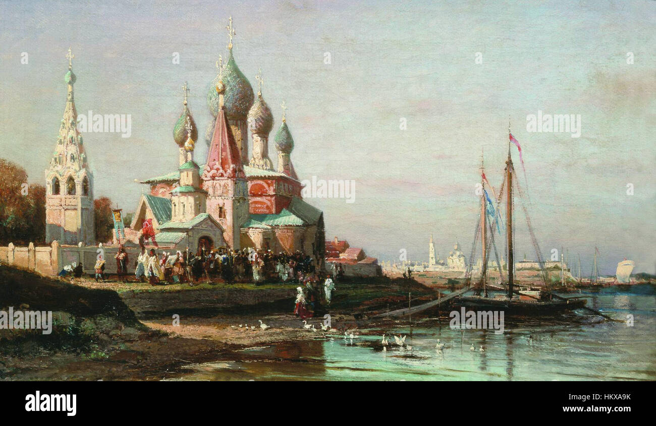 The painting 'Krestn hod v' by Bogolubov captures a religious ...
