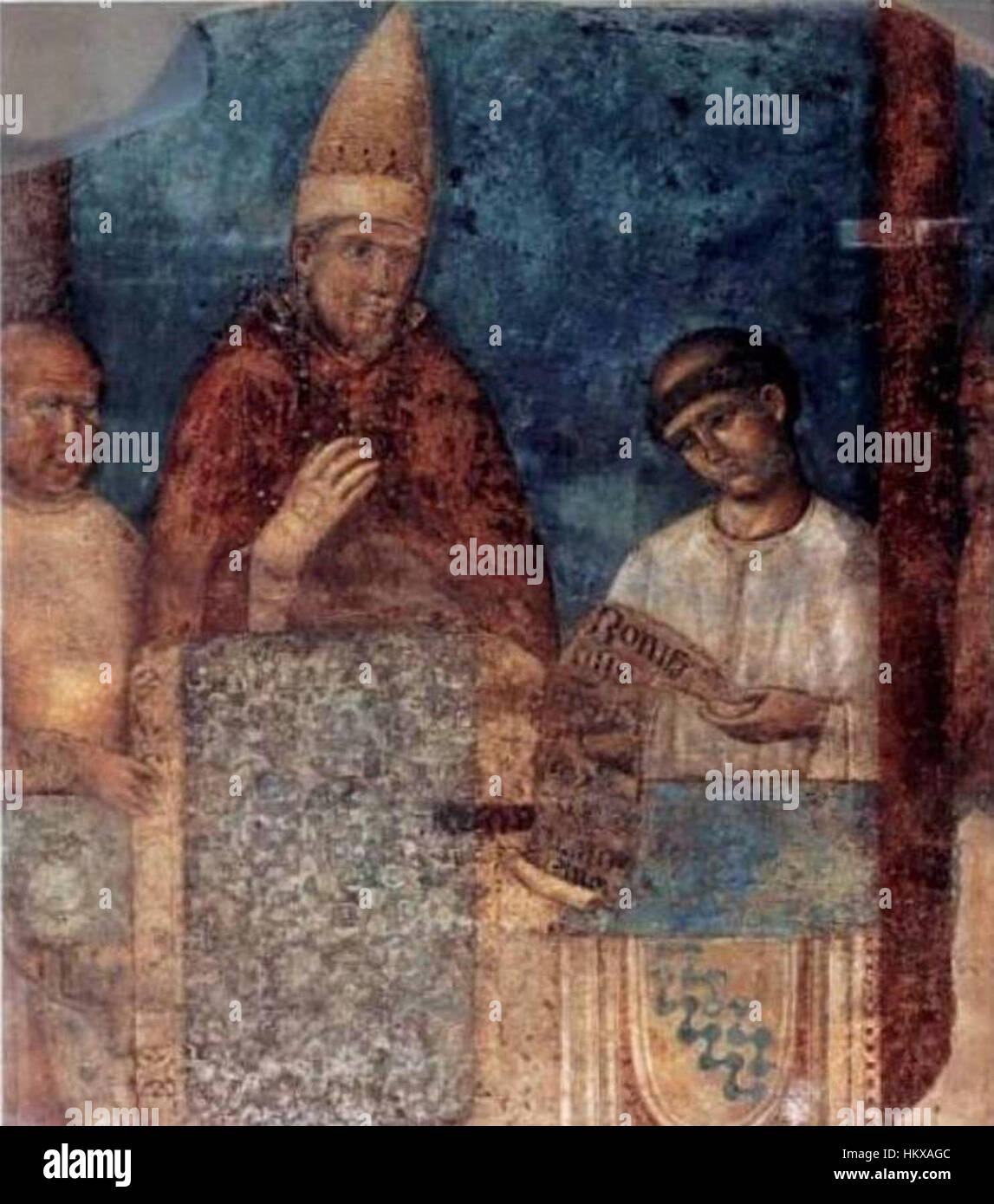 This artwork portrays Pope Boniface VIII draped in a Tartar cloth, a ...