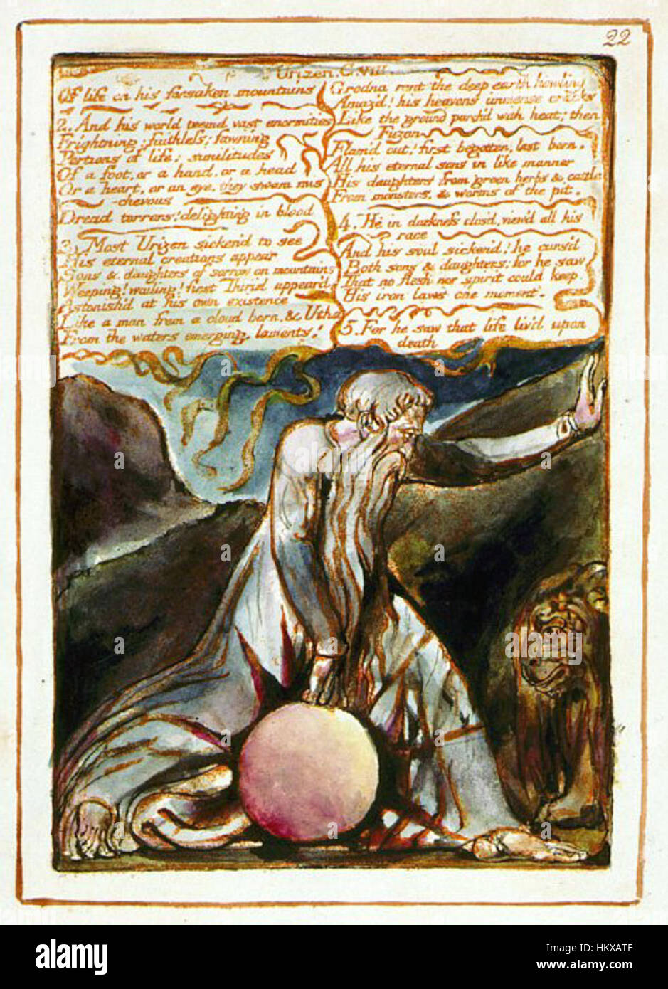A page from the 'Book of Urizen' by William Blake, specifically plate 22, showcasing Blakeâ€™s ...