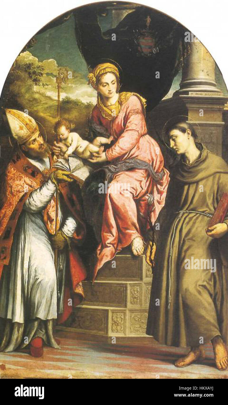 This artwork by Bordon depicts the Madonna and Child seated on a throne ...