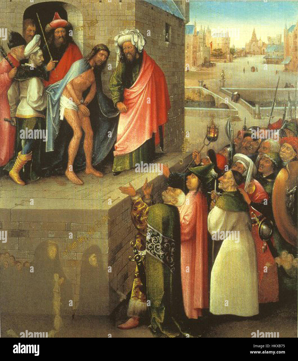 This oil painting by Hieronymus Bosch, *Ecce Homo*, depicts a religious ...