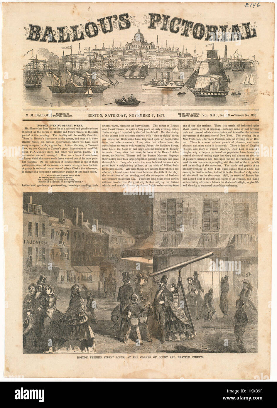 Boston evening street scene, at the corner of Court and Brattle Streets ...