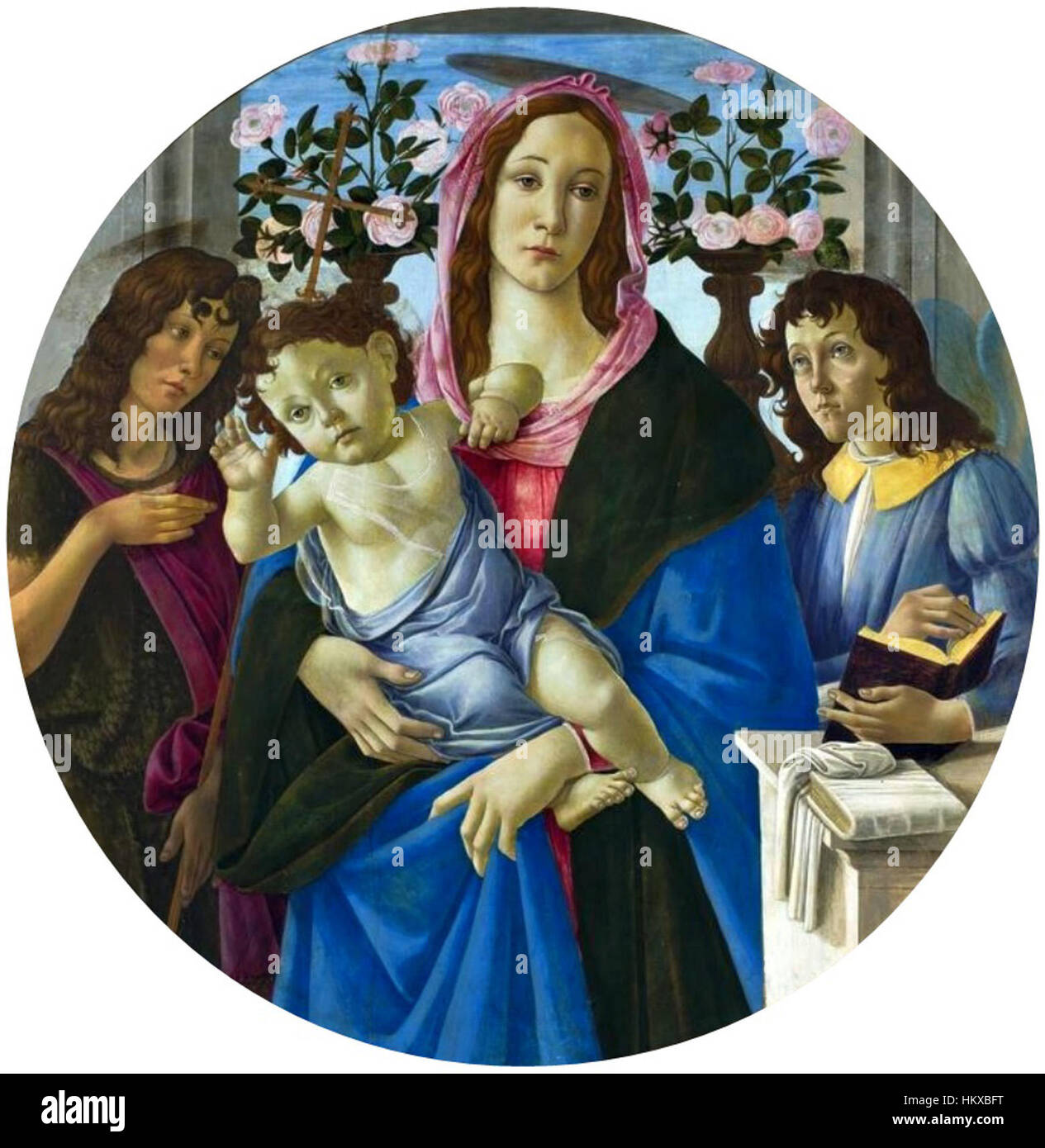 This oil painting by Sandro Botticelli depicts the Madonna and Child ...
