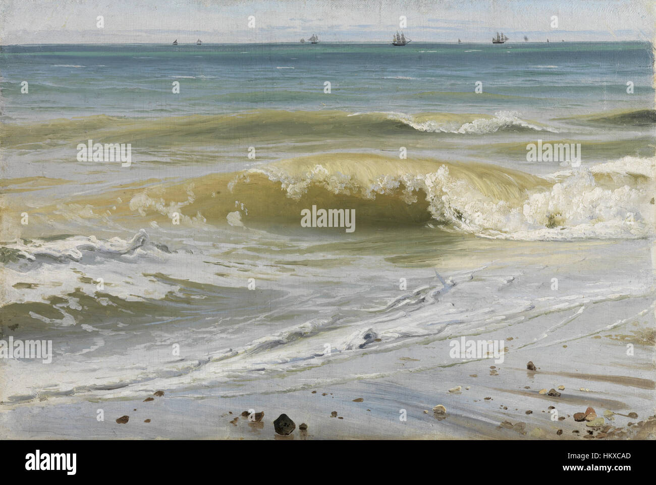 'Breaking Waves with Distant Ships' by Johann Wilhelm Schirmer portrays ...