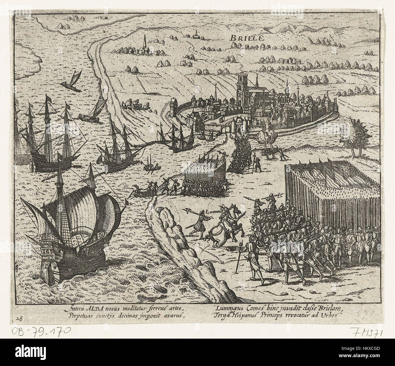 This historical painting depicts the town of Brielle in the year 1572 ...