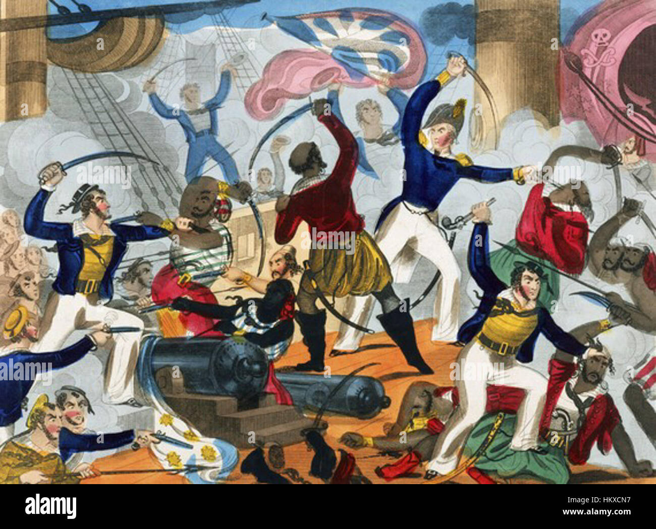 This historical painting depicts British sailors boarding an Algerine ...