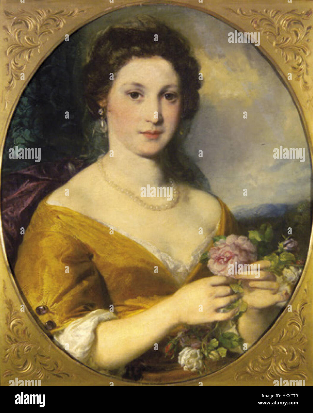 A 1850s artwork depicting a woman dressed in yellow, showcasing a ...