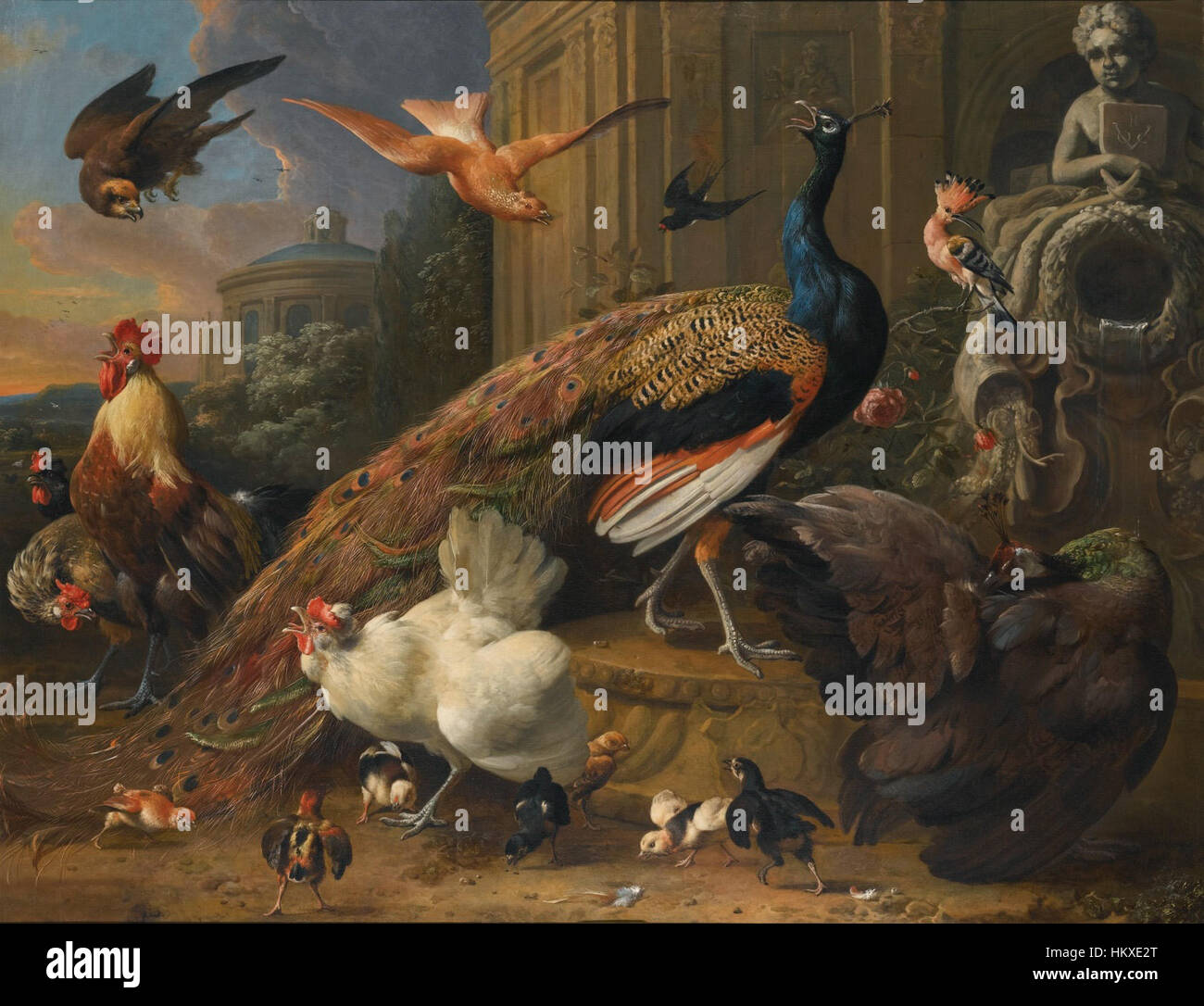 This painting shows a group of birds fleeing as a falcon swoops down ...