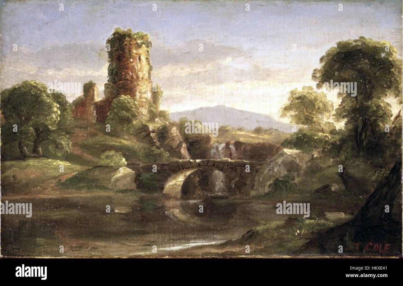 'Ruined Castle and River' by Thomas Cole depicts a dramatic landscape ...