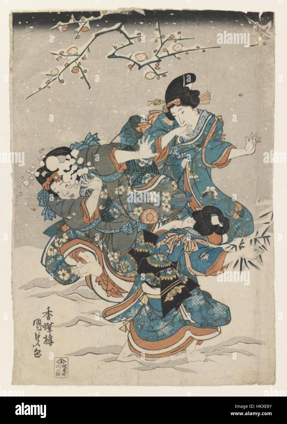 This woodblock print by Utagawa Toyokuni III (Kunisada) portrays a snow ...