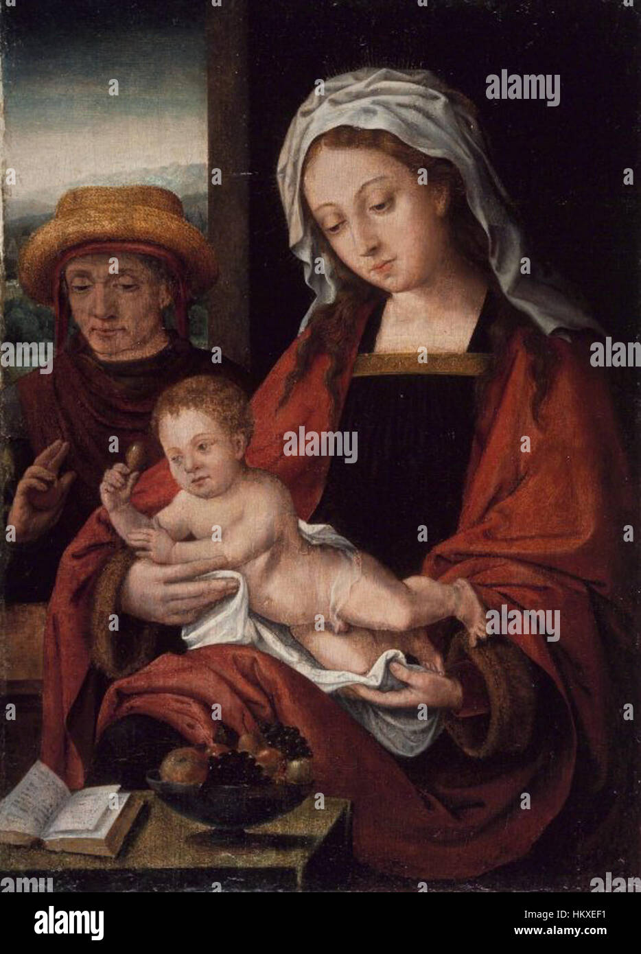 This painting of 'The Holy Family' from the Circle of Joos van der Beke (Joos van Cleve) depicts ...