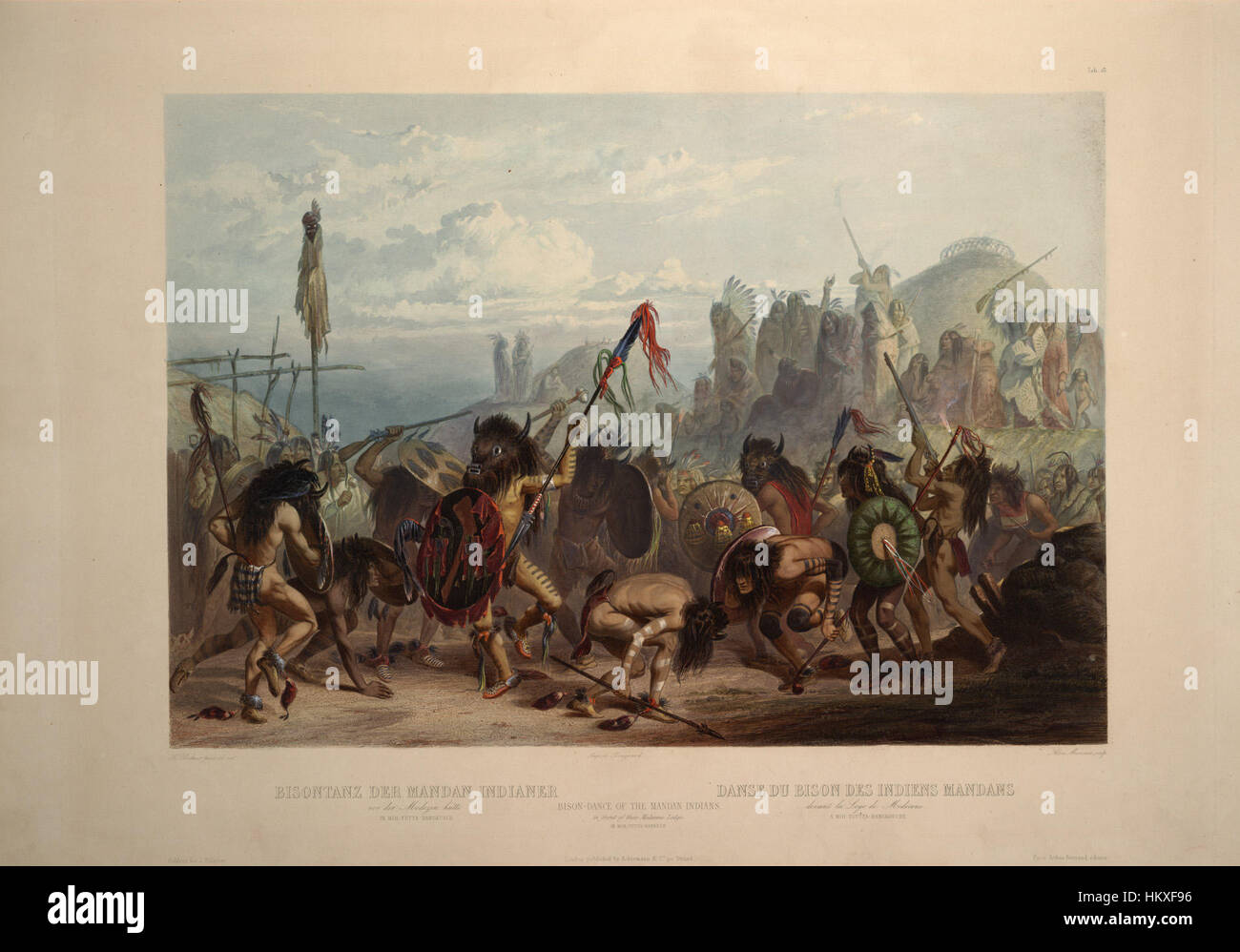 This artwork depicts the Mandan Indians performing the Bison Dance in ...