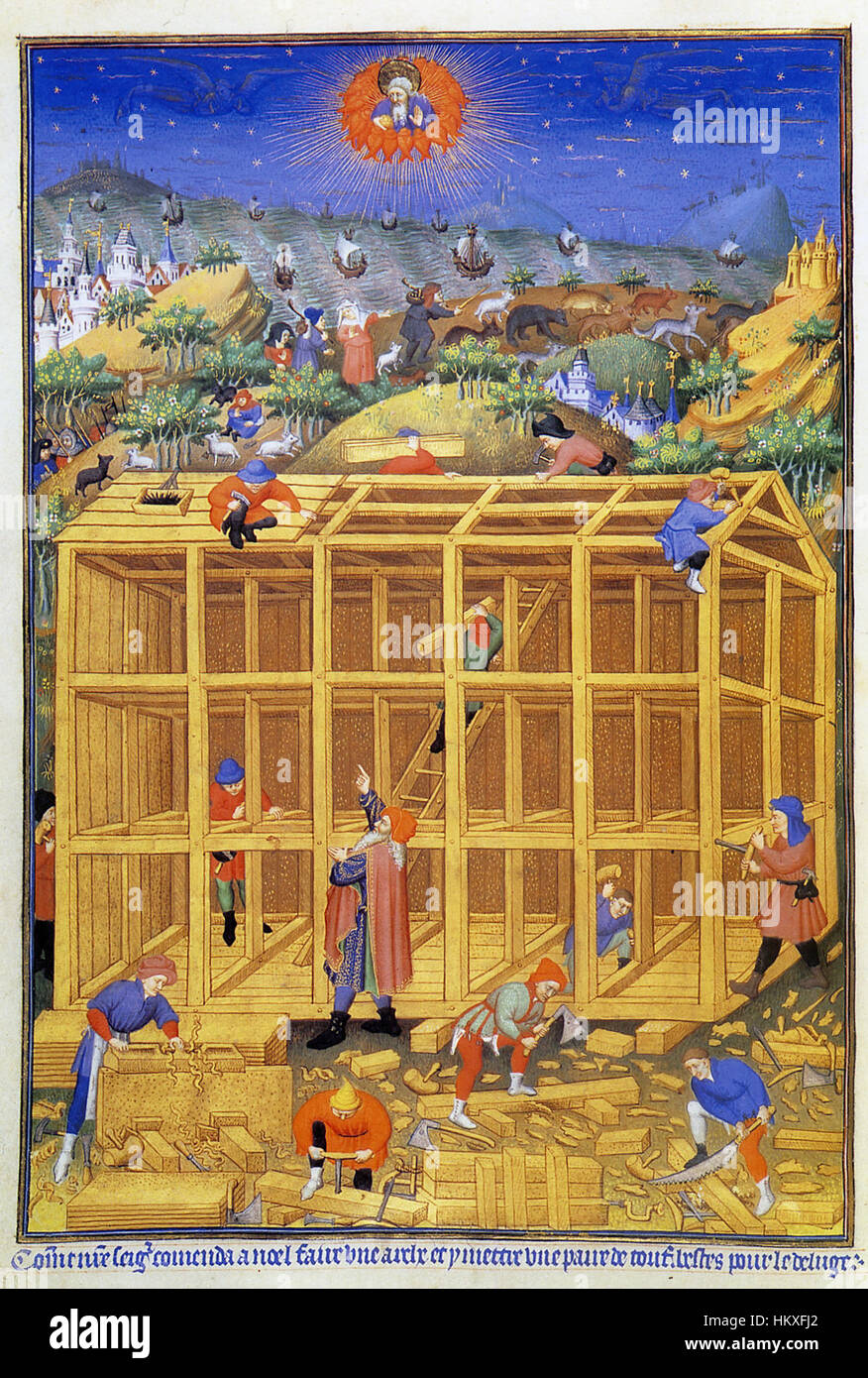 The 'Building of the Ark' painting by Bedford Master illustrates the ...