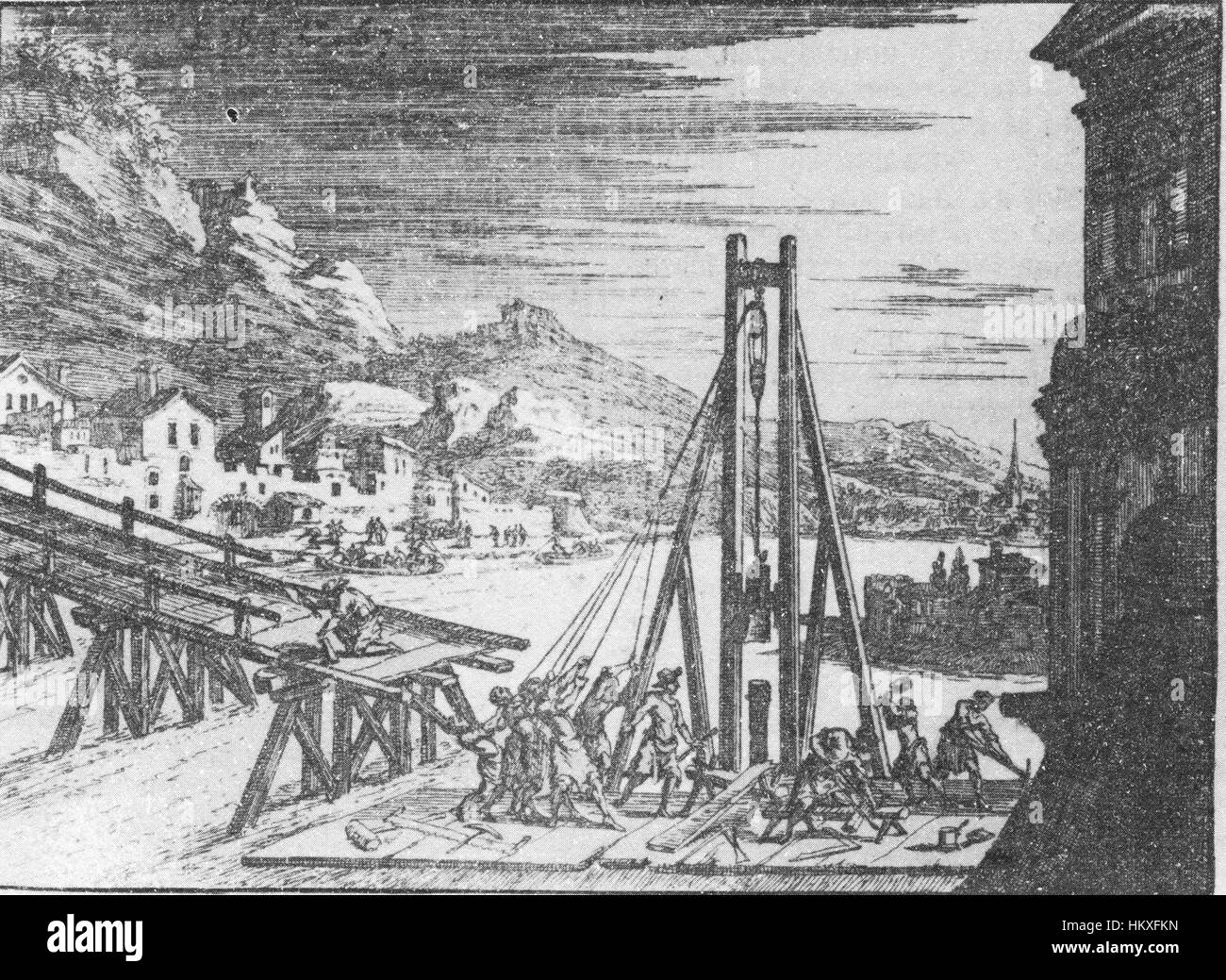 A historical painting depicting the construction of a wooden bridge ...